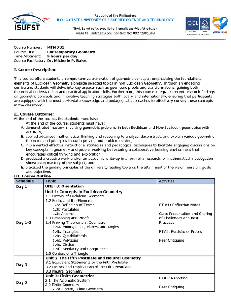 Course Outline - MTH 701 - Contemporary Geometry - 1st Tri - AY 24 25 ...
