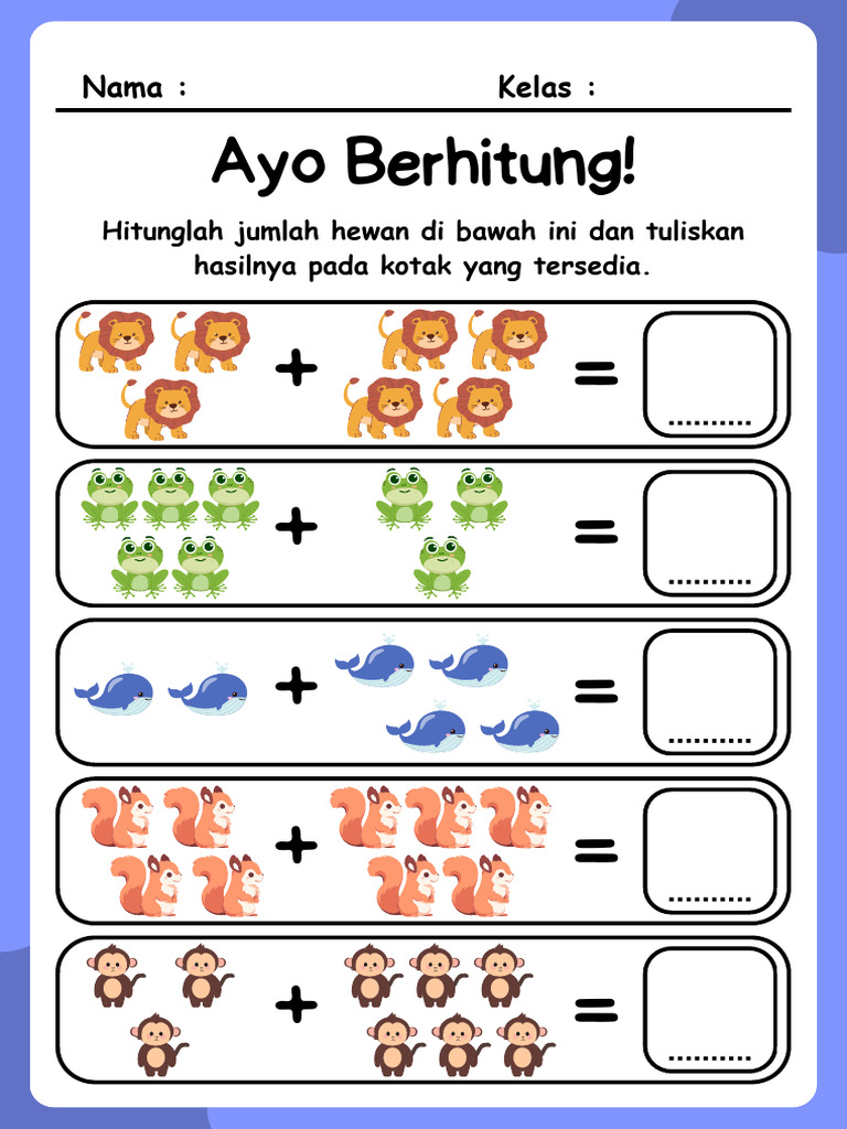 Worksheet Berhitung Anak TK Tema Binatang | PDF