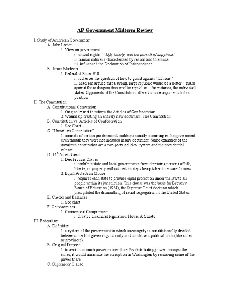 AP Government Midterm Review: An Overview of Key Concepts in American ...