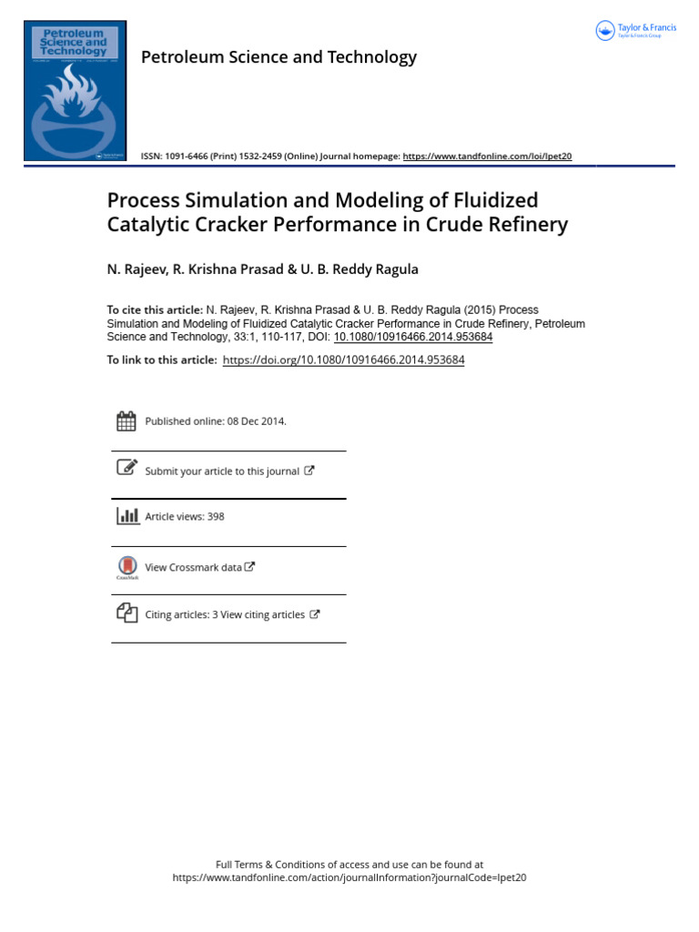 Process Simulation and Modeling of Fluidized Catalytic Cracker Performance in Crude Refinery ...