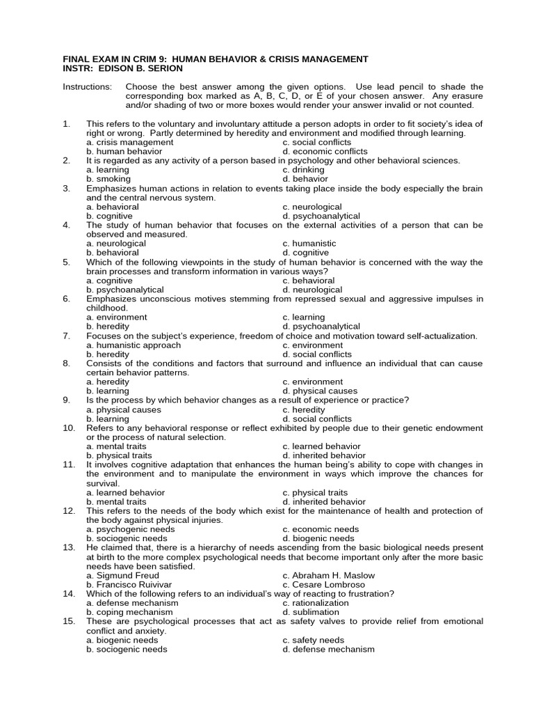 Exam in Human Behavior & Crisis Mngt. | PDF | Psychosis | Neurosis
