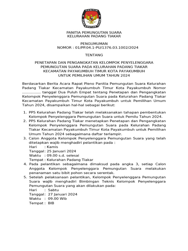 Format Pengumuman Pengangkatan KPPS1 | PDF