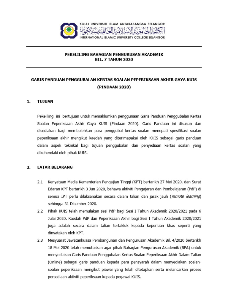 Garis Panduan Penggubalan Kertas Soalan Peperiksaan Akhir Gaya Kuis Pin 2020 | PDF