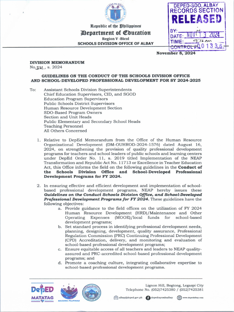 DM 321 S. 2024 Guidelines On The Conduct of The Schools Division Office and School-Developed ...