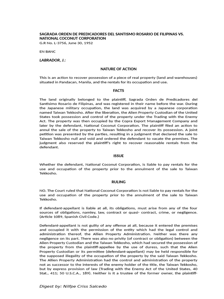 ObliCon Case Digest - Sagrada Orden vs. NACOCO | PDF | Negligence | Annulment