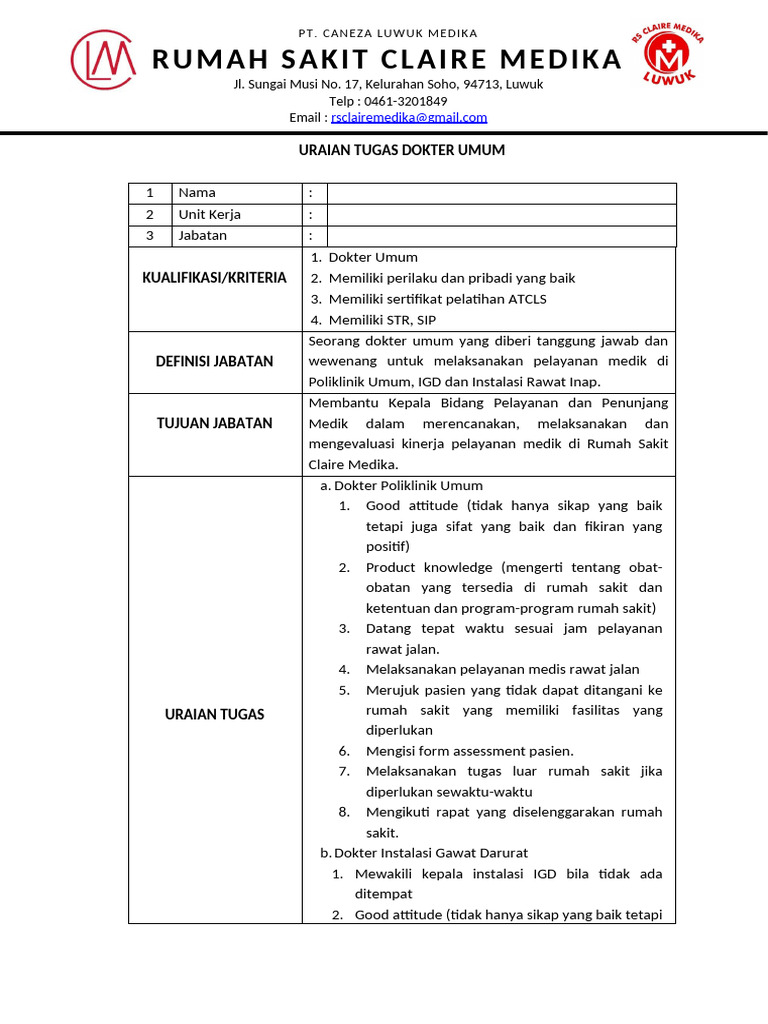 Uraian Tugas Dokter Umum | PDF