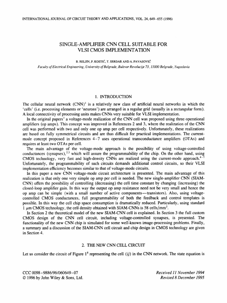 Single-Amplifier CNN Cell Suitable For VLSI CMOS Implementation (International Journal of ...