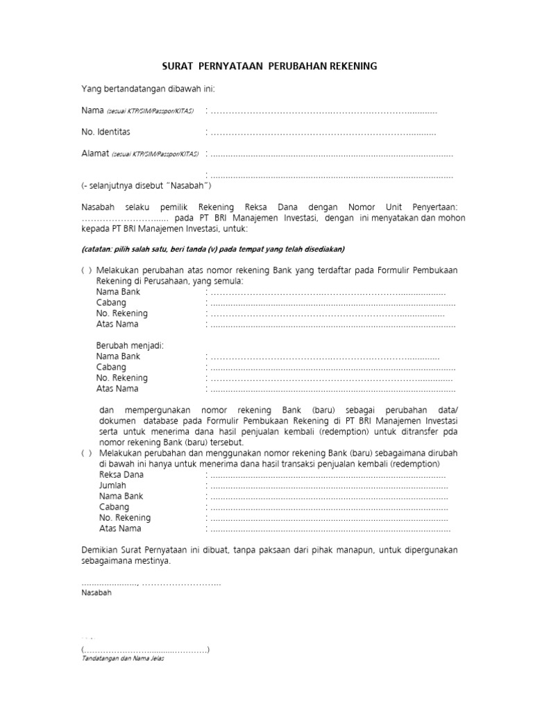 Surat Penyataan Perubahan Rekening Nasabah Perorangan (Sign Only) | PDF