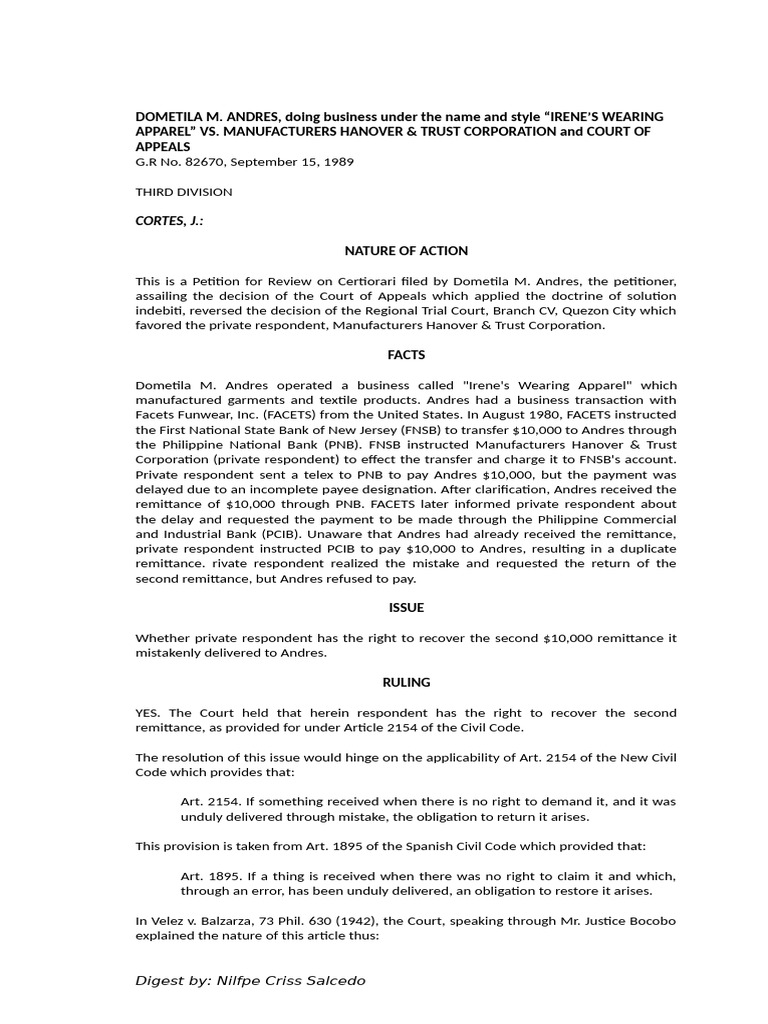 ObliCon Case Digest - Andres v. Mantrust | PDF | Payments | Justice