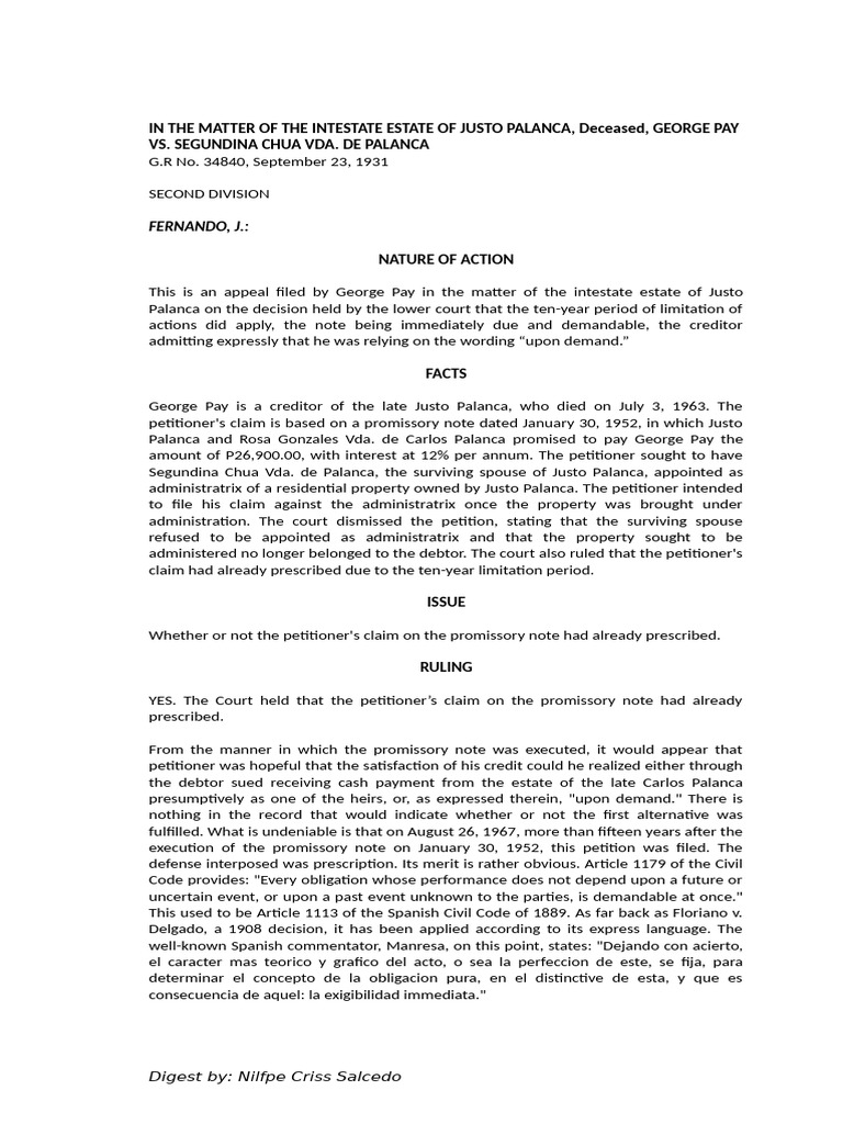 ObliCon Case Digest - Pay vs. de Palanca | PDF | Private Law | Common Law