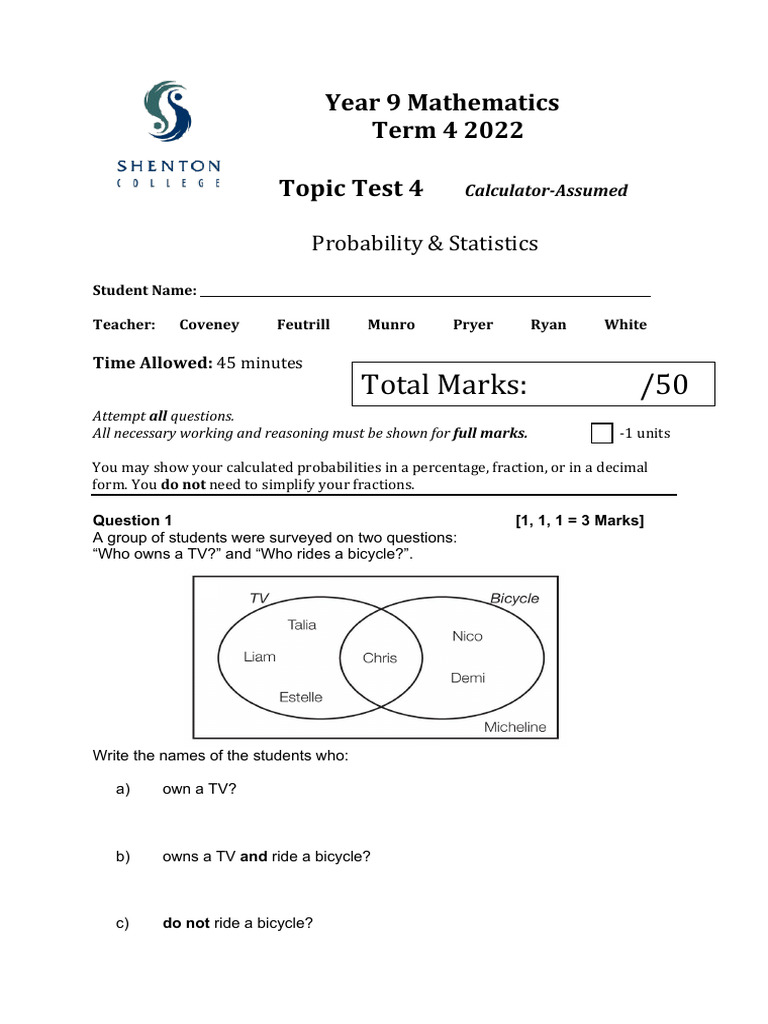 9MAT 2022 Test 4 - Probability and Statistics | PDF | Applied ...