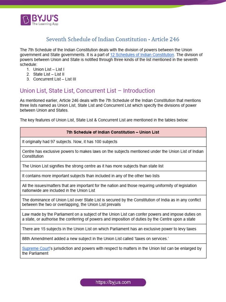 Seventh Schedule of Indian Constitution Article 246 | PDF | Parliament ...