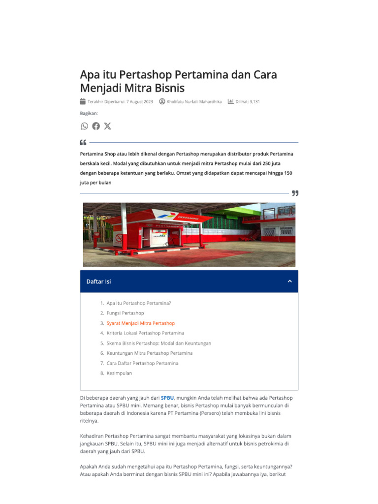 Pertashop Pertamina - Pengertian, Fungsi, & Syarat Jadi Mitra | PDF Pertashop Pertamina - Pengertian, Fungsi, & Syarat Jadi Mitra | PDF