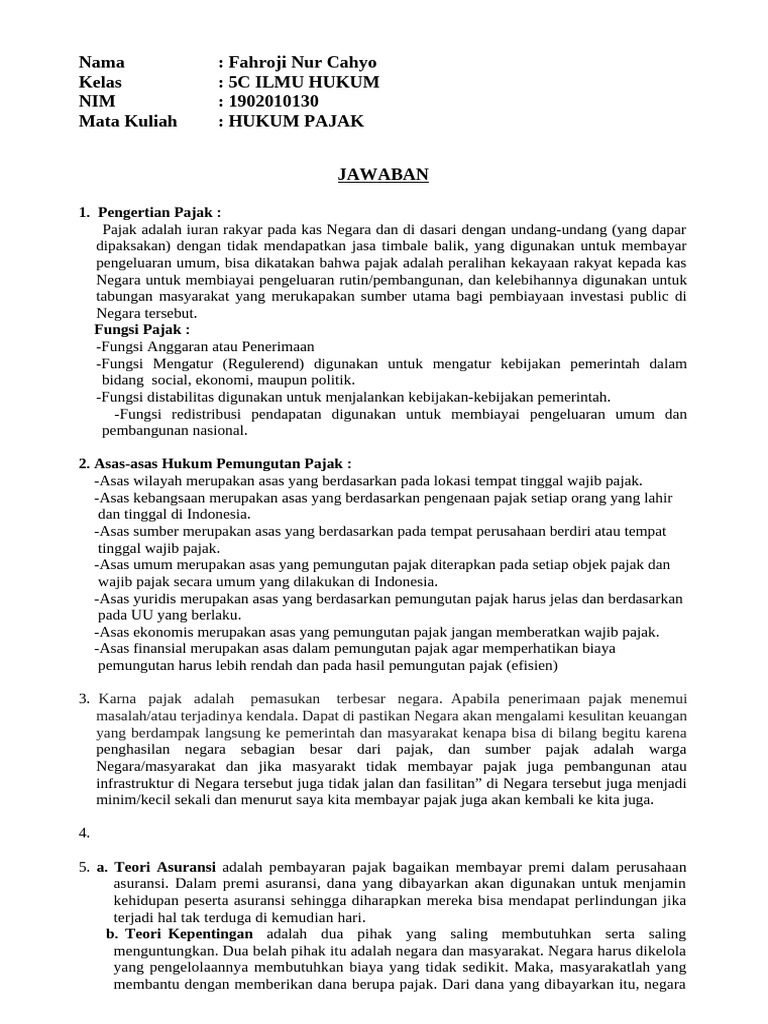 Uts Hukum Pajak 5C Ilmu Hukum Fahroji Nur Cahyo (1902010130) | PDF