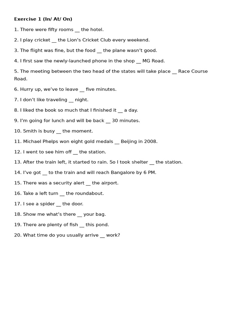 Preposition Exercise | PDF | Workweek And Weekend