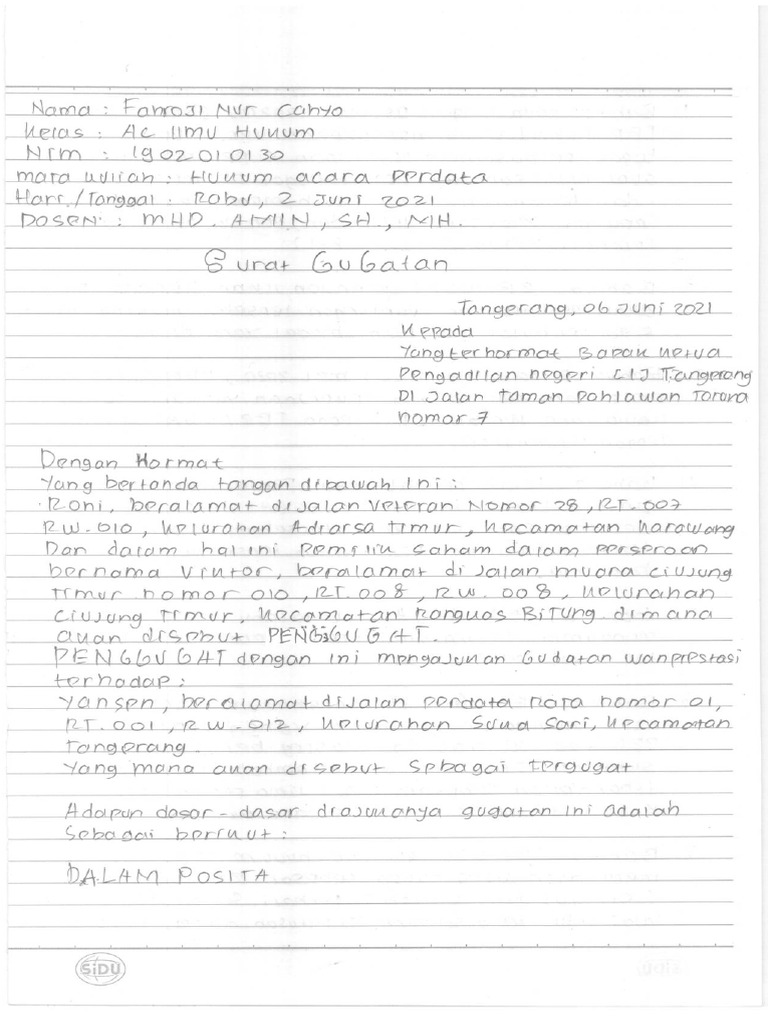 Uts Hukum Pidana Perdata 4C Fahroji Nur Cahyo (1902010130) | PDF