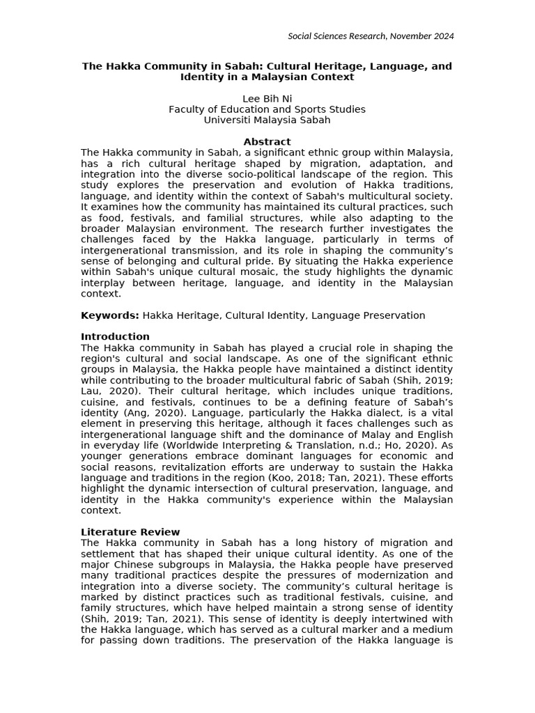 The Hakka Community in Sabah: Cultural Heritage, Language, and Identity ...