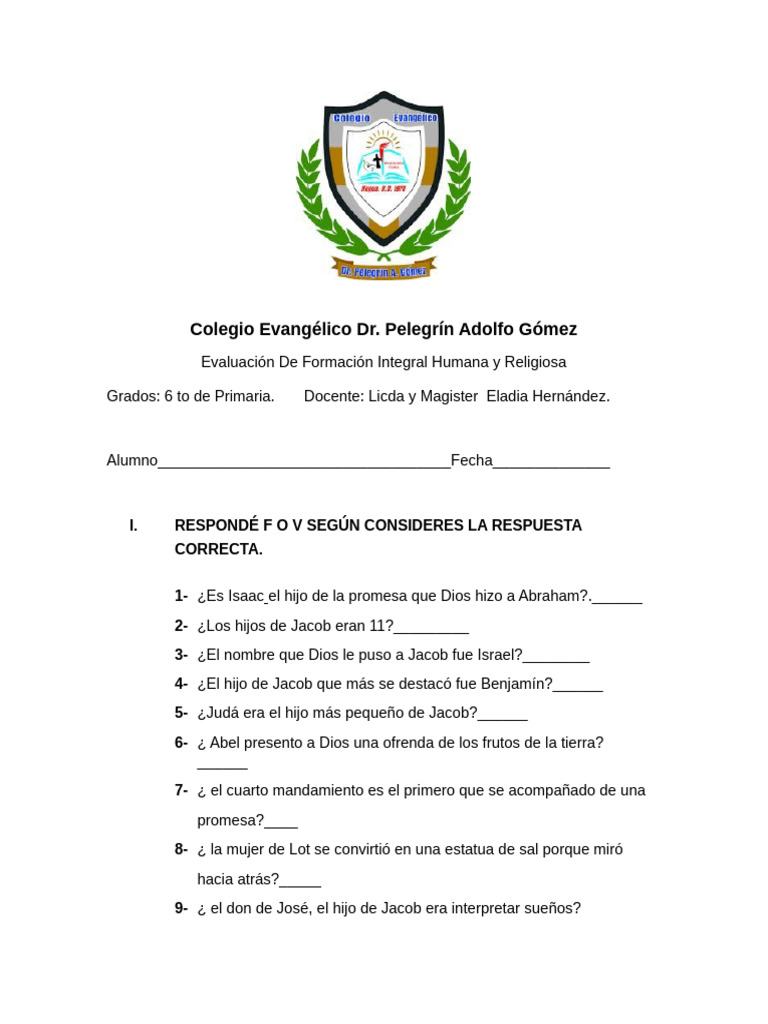 Examen Colegio | PDF | Biblia | Moisés