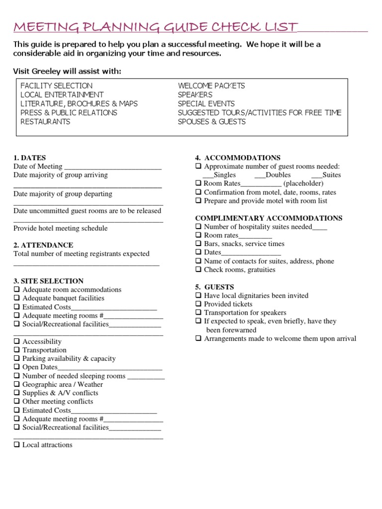 Meeting Planning Checklist Guide | PDF | Desk | Television