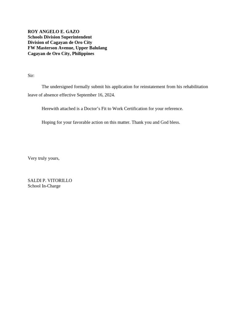 Letter of Intent For Rehabilitation Leave | PDF