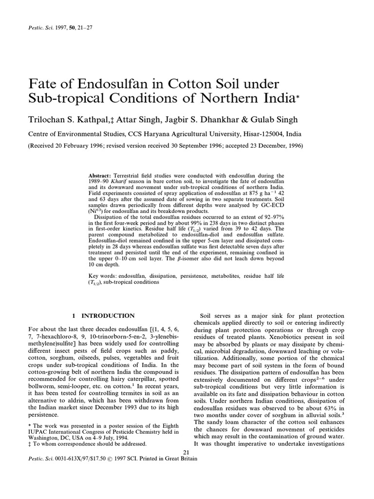 Fate of Endosulfan in Cotton Soil Under Sub-Tropical Conditions of Northern India (Pest ...