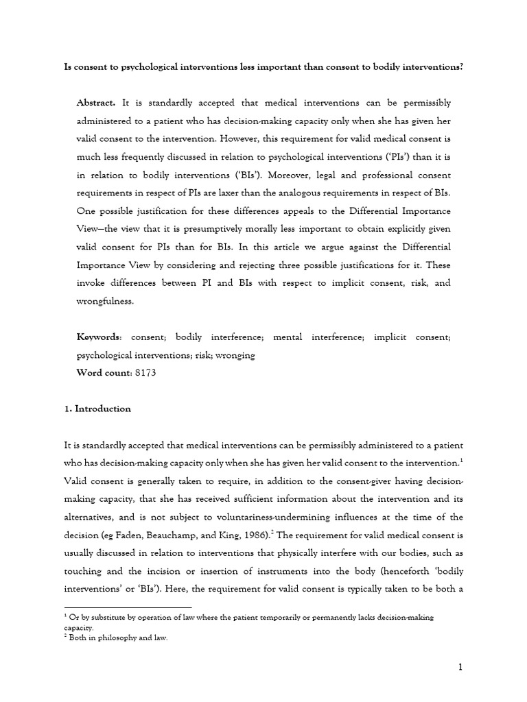 Consent in Psychological vs. Bodily Interventions | PDF | Consent ...