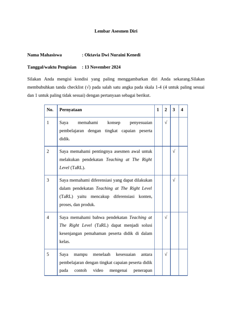 Asesmen Diri: Pemahaman TaRL | PDF