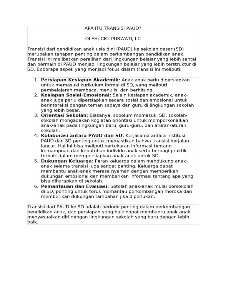 Apa Itu Transisi Paud | PDF