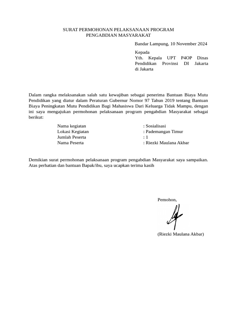 Surat Permohonan Pelaksanaan Program Kjmu | PDF | Politik
