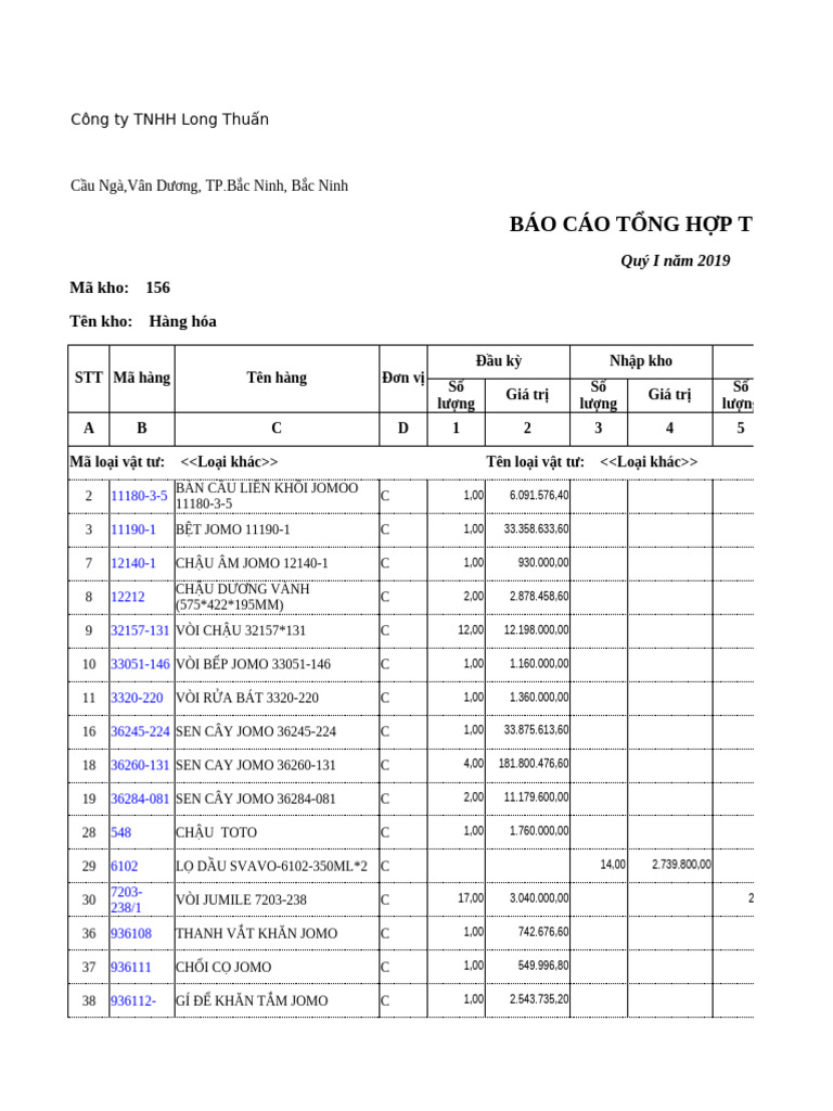 Báo Cáo T N Kho T 1.1.2019 | PDF