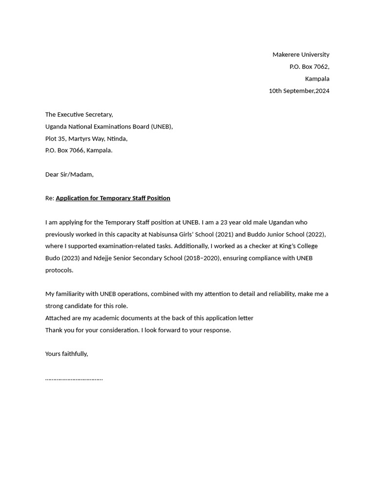 Application for UNEB Temporary Staff Position | PDF