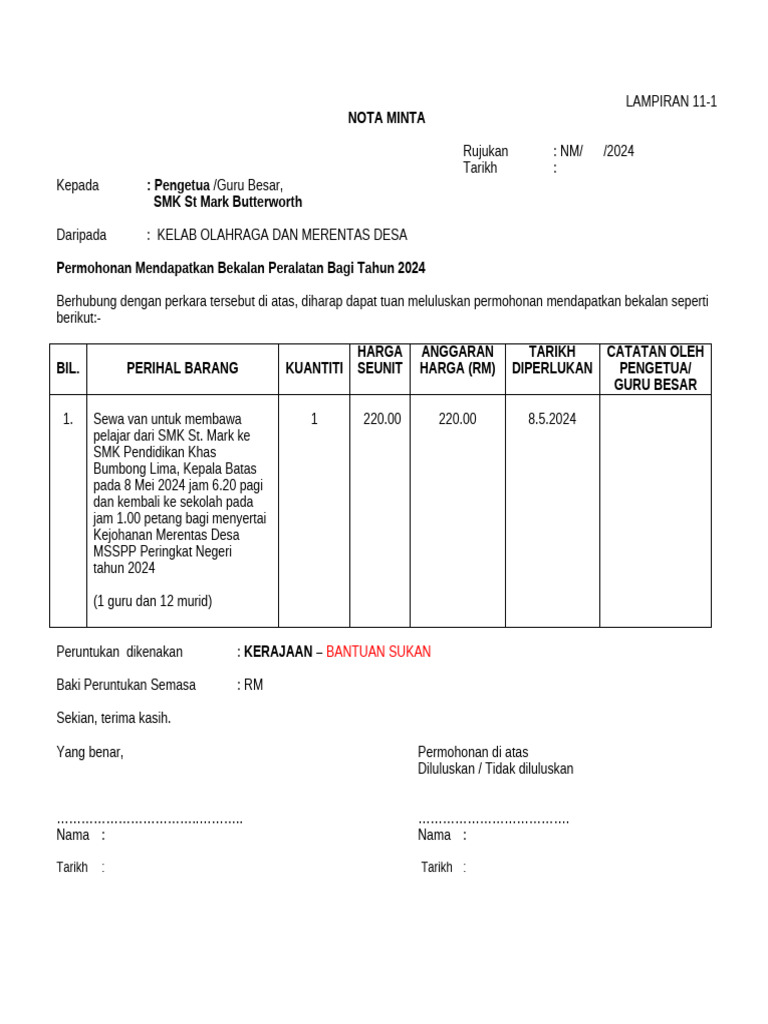 NOTA MINTA 2024 Sewa Van Merentas Desa Negeri | PDF
