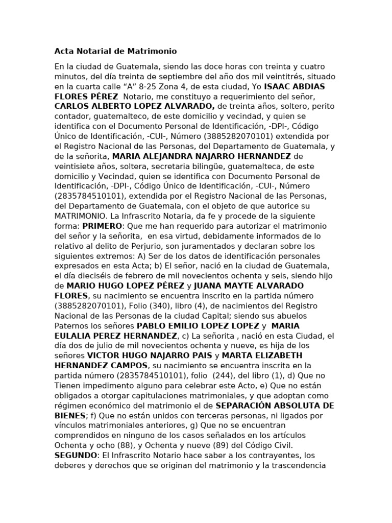 Acta Notarial de Matrimonio | PDF | Matrimonio