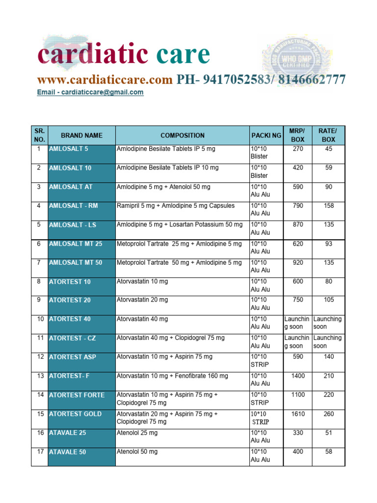 Cardiovascular Medication Pricing List | PDF | Hypertension ...