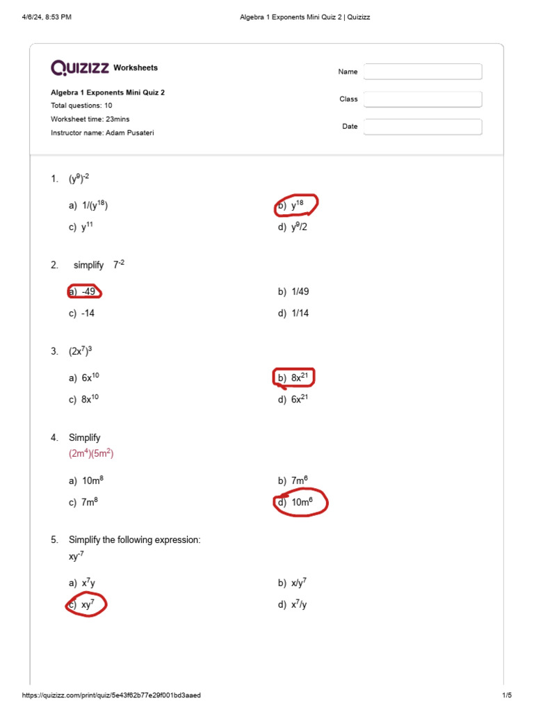 Algebra 1 Exponents Mini Quiz 2 Quizizz | PDF