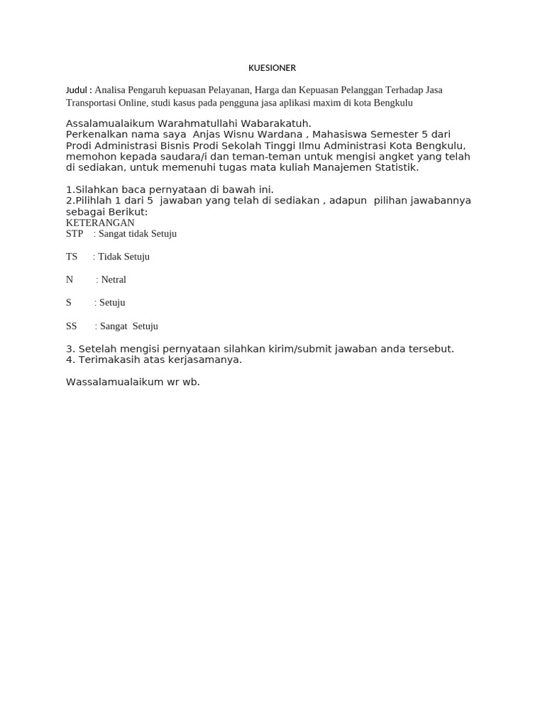 Kuesioner Anjas | PDF