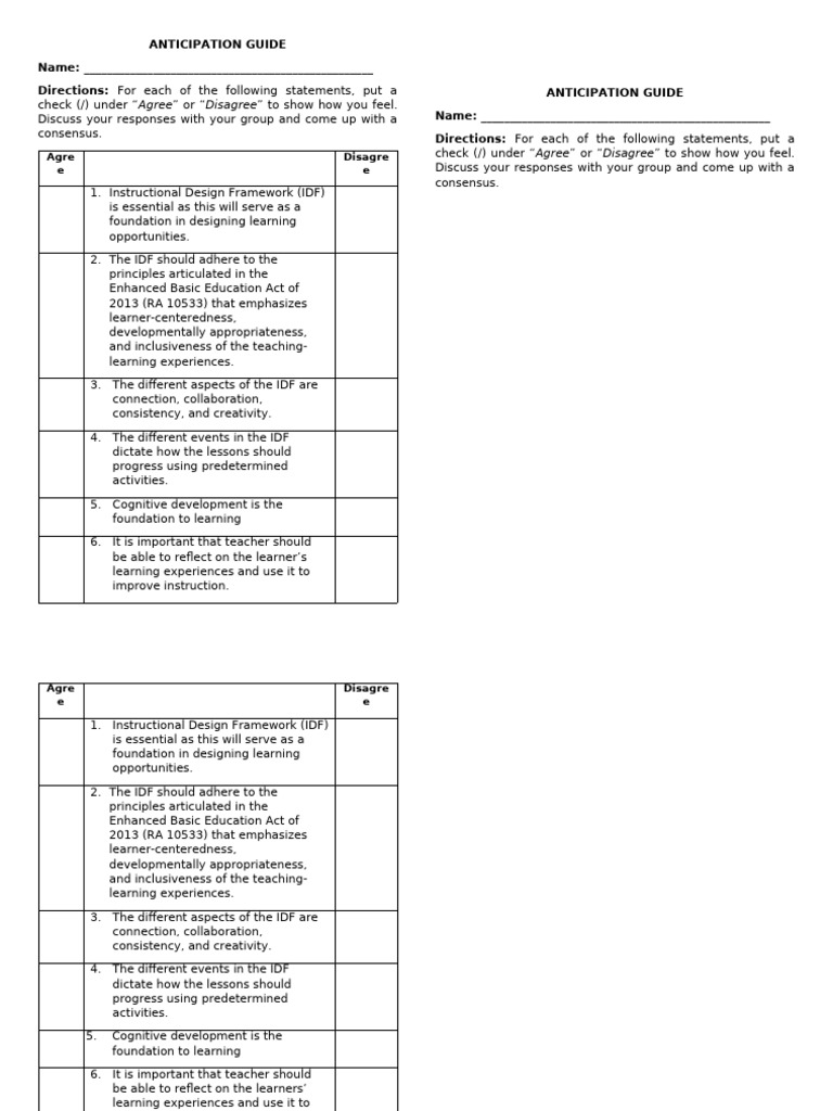 Worksheet - Instructional Design Framework - Anticipation Guide ...