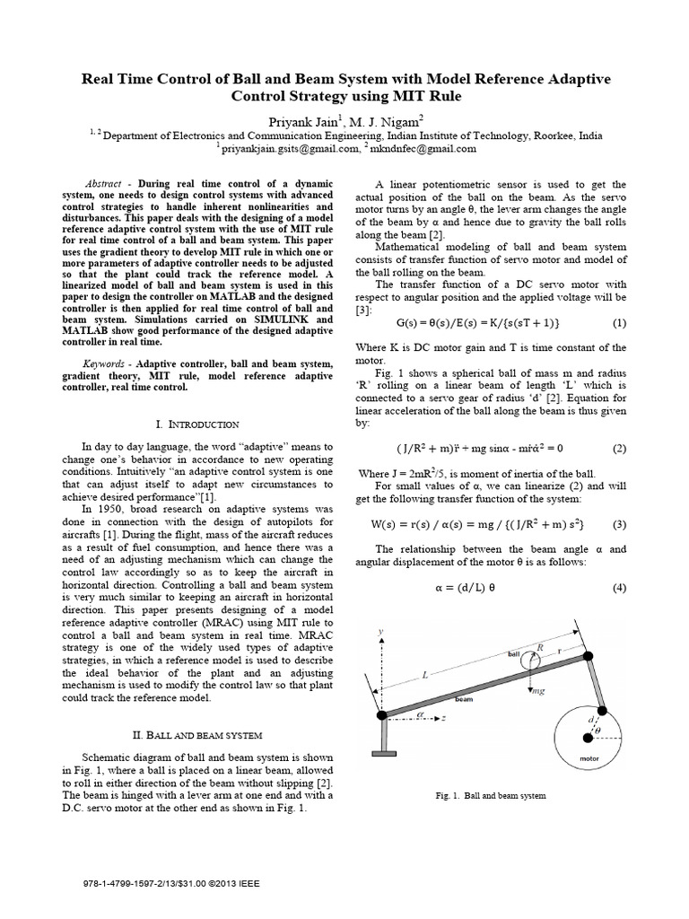 Real Time Control of Ball and Beam System With Model Reference Adaptive ...