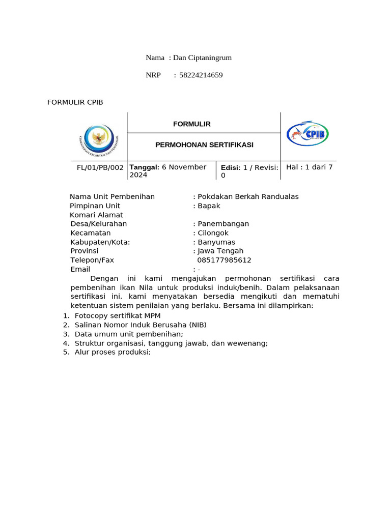 Formulir Cbib Berkah Randualas | PDF