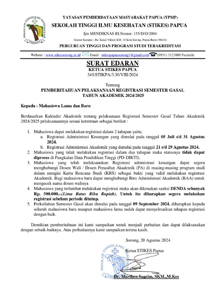 Surat Edaran Registrasi Mahasiswa Lama Dan Baru 20 Agustus 2024-1 | PDF
