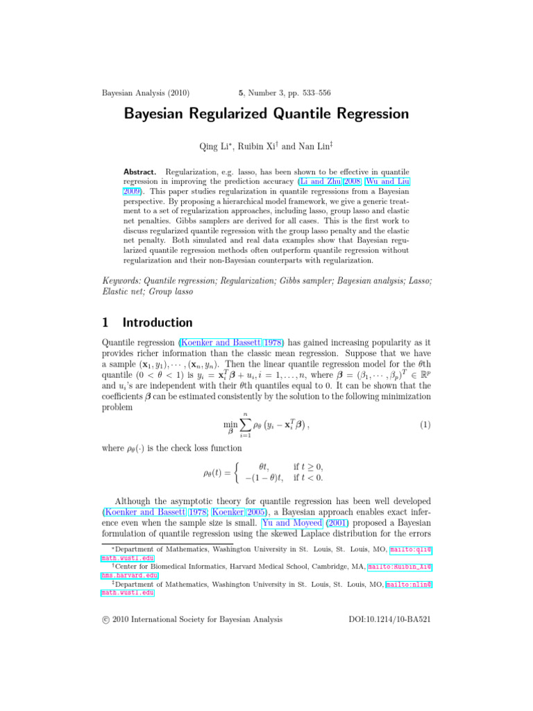 Bayesian Regularized Quantile Regression | PDF | Normal Distribution | Bootstrapping (Statistics)