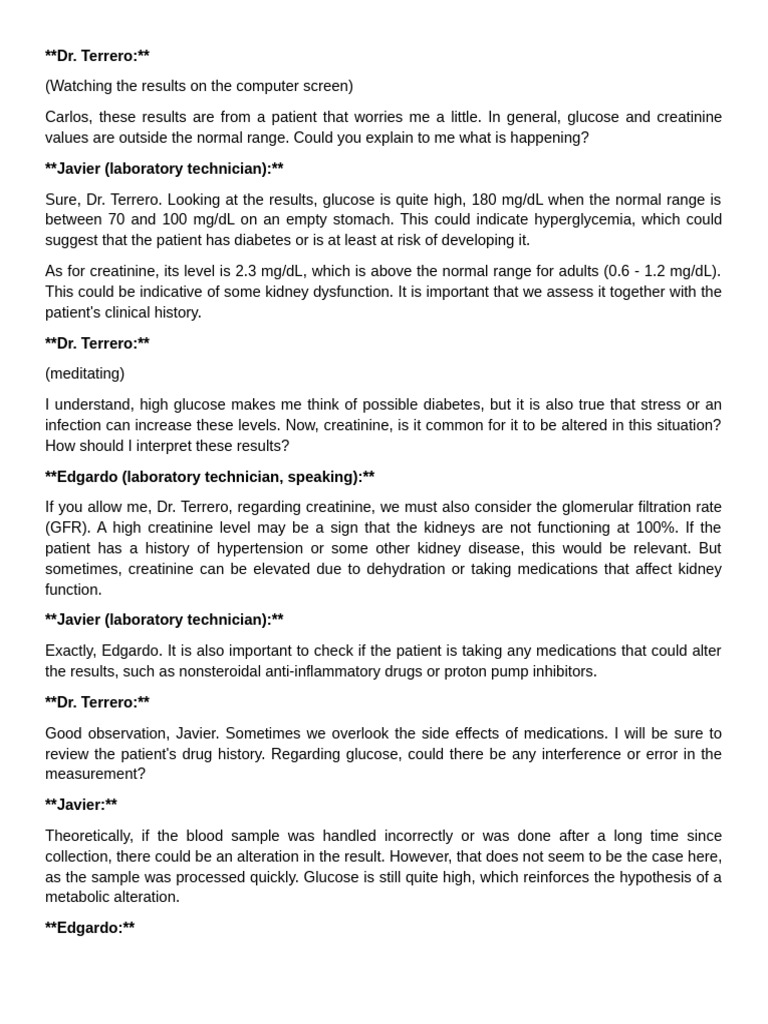 English 450B Dialogue About Laboratory Results | PDF | Creatinine ...