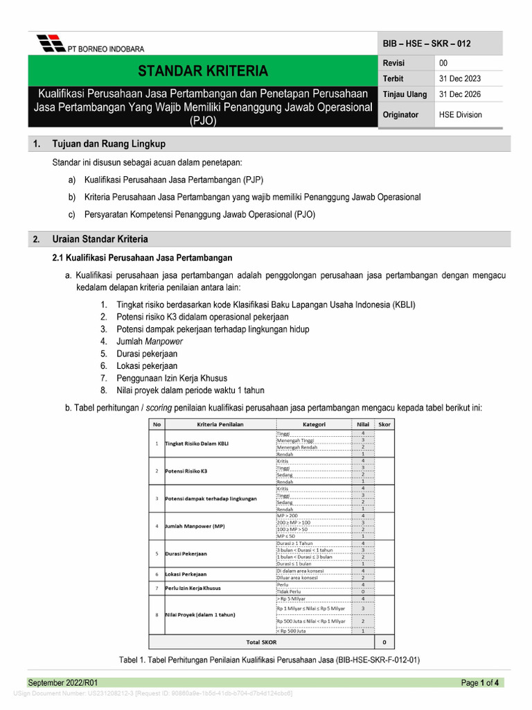 BIB-HSE-SKR-012 Standar Kriteria Kualifikasi Perusahaan Jasa Dan Penetapan PJP Wajib PJO | PDF