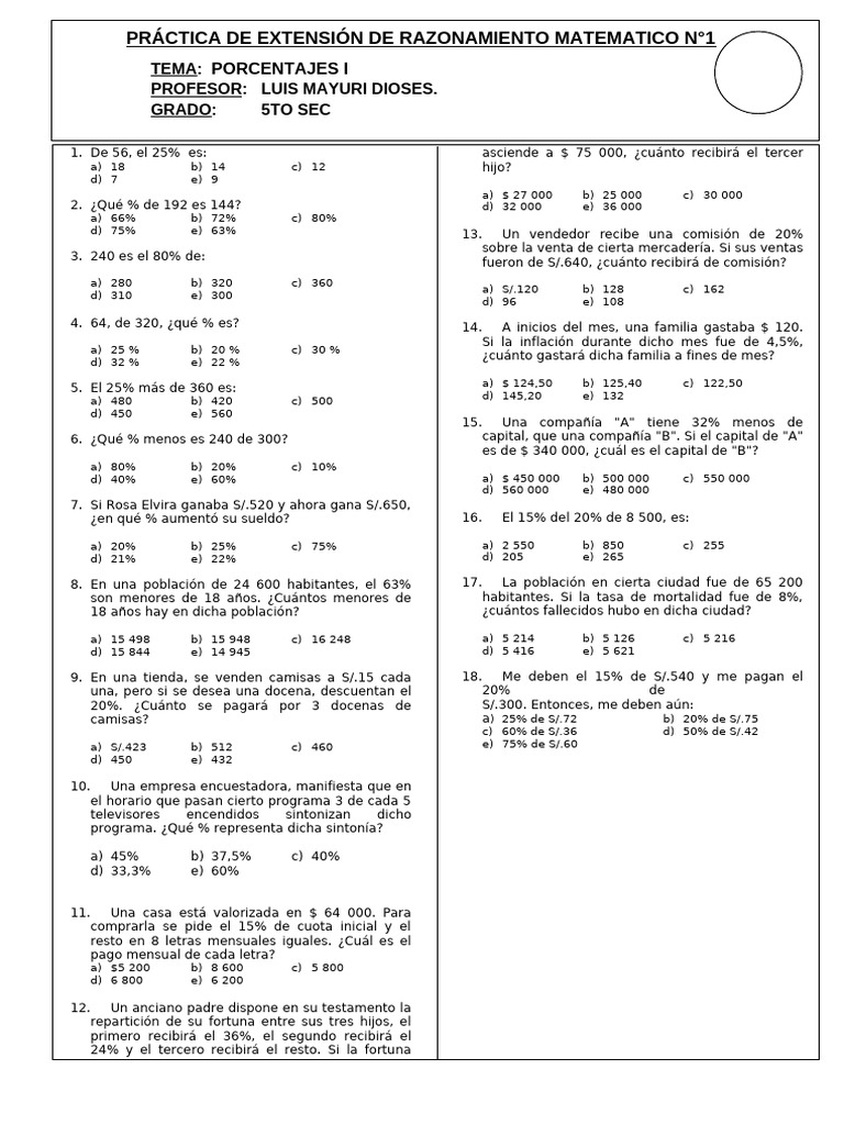 Practica Extensión I Porcentajes I RM 5to Sec | PDF