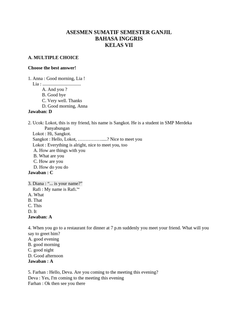 Bahasa Inggris Kelas Vii Asesmen Sumatif Akhir Semester | PDF | Language Arts & Discipline