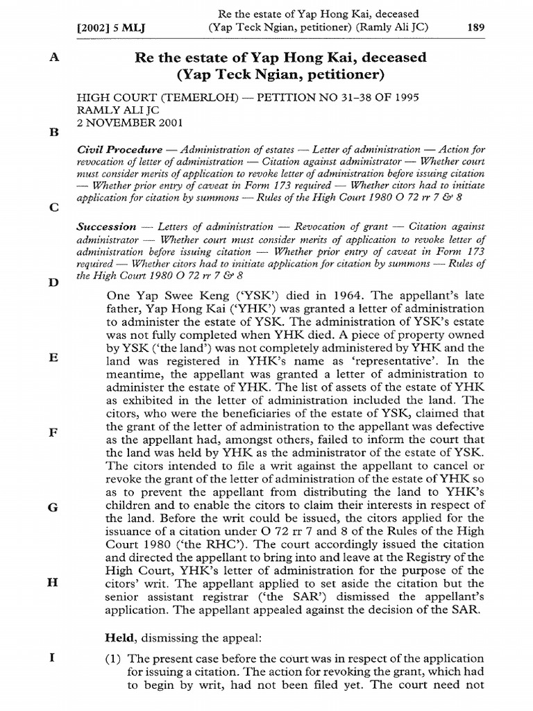 Re The Estate of Yap Hong Kai, Deceased (Yap Teck Ngian, Petitioner) | PDF