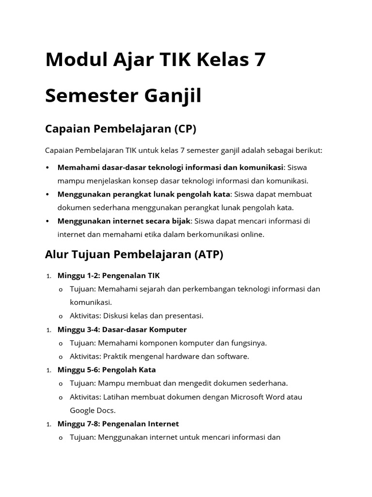 Modul Ajar TIK Kelas 7 Semester Ganjil | PDF