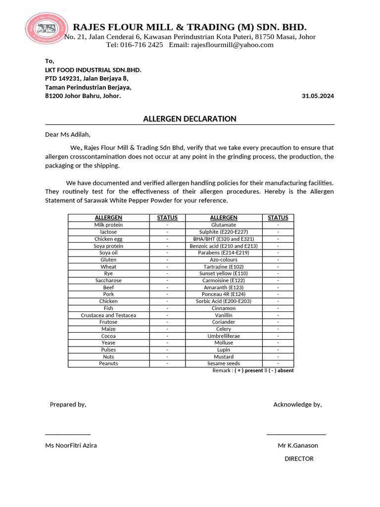 Allergen Declaration Letter | PDF | Foods | Food Ingredients