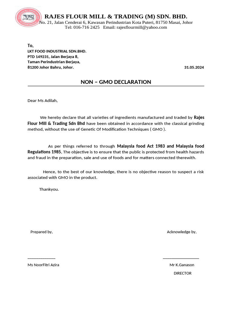 Non-GMO Declaration Letter | PDF | Foods | Food Ingredients