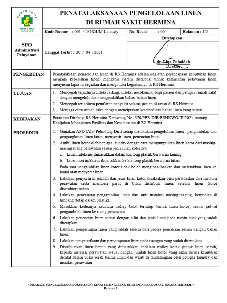 F. SPO - Penatalaksanaan - Pengelolaan - Linen - PDF.. | PDF